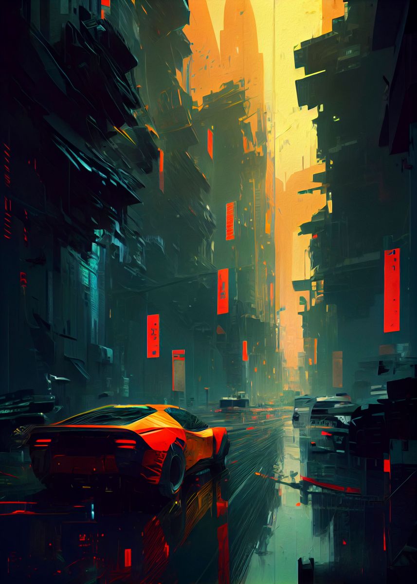 'Neon Car in Cyberpunk City' Poster, picture, metal print, paint by ...