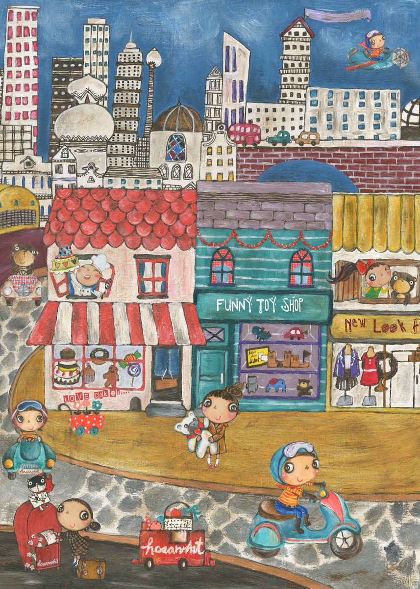 'Lively town Colorful city' Poster, picture, metal print, paint by ...