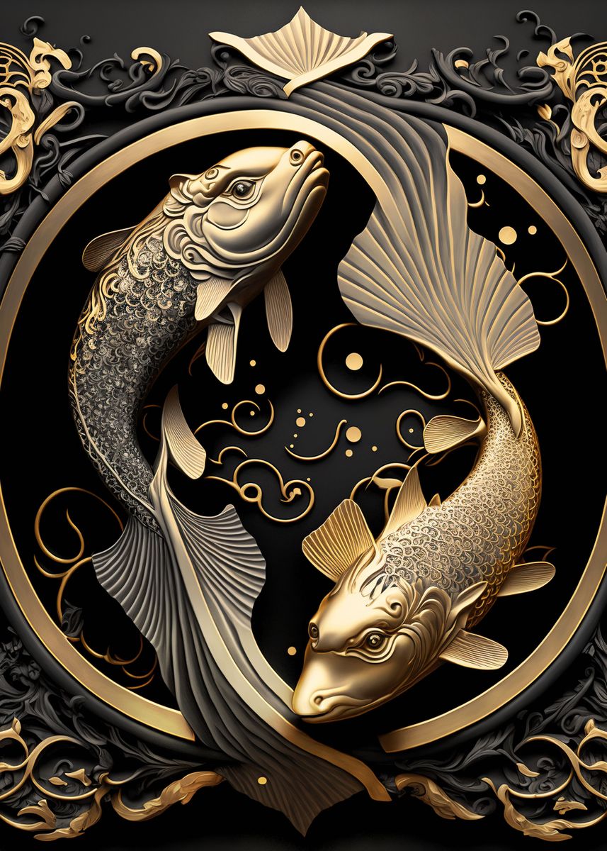 'Golden Koi Fish Art Deco' Poster, picture, metal print, paint by Luong ...