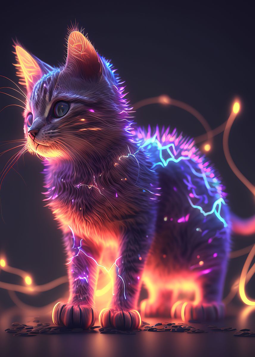 'cat neon' Poster, picture, metal print, paint by Elysia | Displate