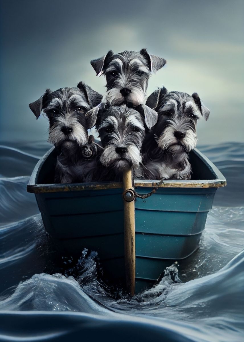'Schnauzer Pups Afloat' Poster, picture, metal print, paint by Steel Canvas Creations | Displate