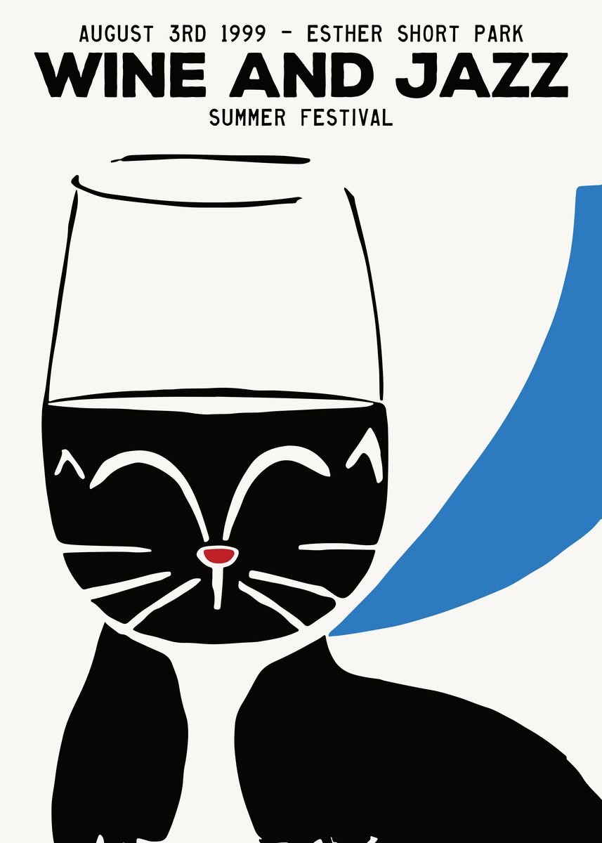 'Wine and Jazz Cat Poster' Poster, picture, metal print, paint by BluePinkPanther | Displate