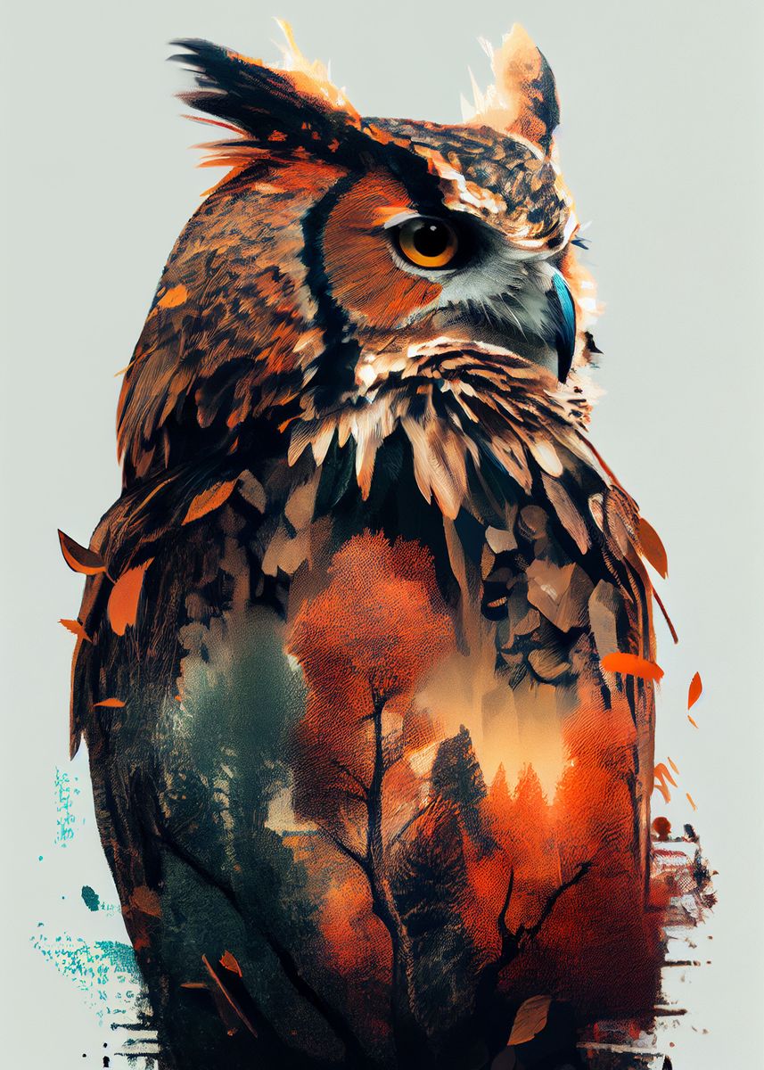 'Owl double exposure' Poster, picture, metal print, paint by ...