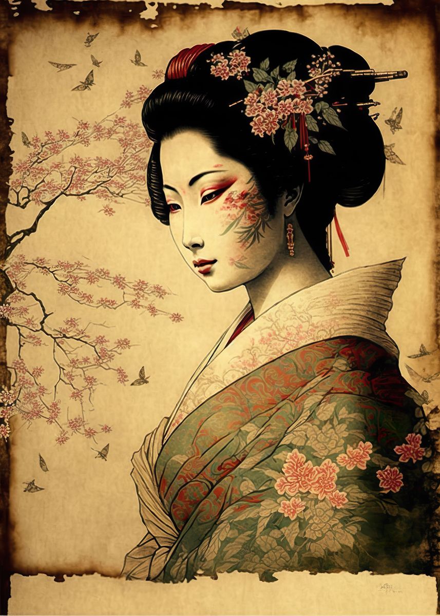 'Cherry Blossom Geisha' Poster, picture, metal print, paint by Dennex Designs | Displate
