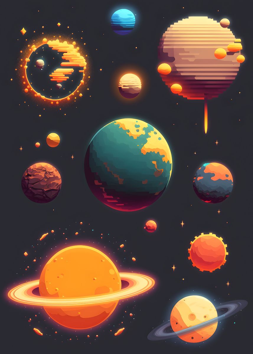 'Planets Pixel Art' Poster, picture, metal print, paint by ...