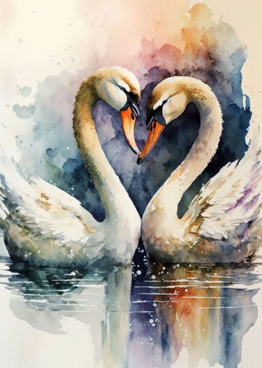'Two Swans in Love' Poster, picture, metal print, paint by Usama Design ...