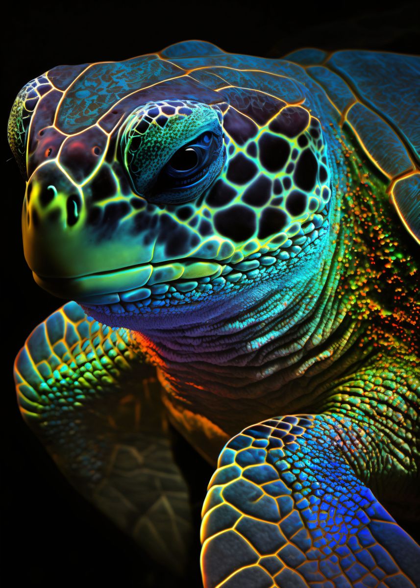 'neon turtle 2' Poster, picture, metal print, paint by Marc Kunze ...