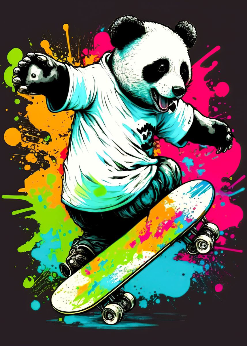 'Panda Skater ' Poster, picture, metal print, paint by Sohail Rees ...