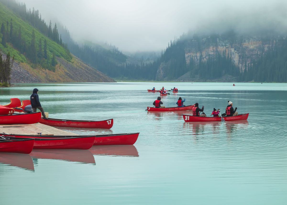 'Lake Louise Canoers' Poster by Jonathan Nguyen | Displate