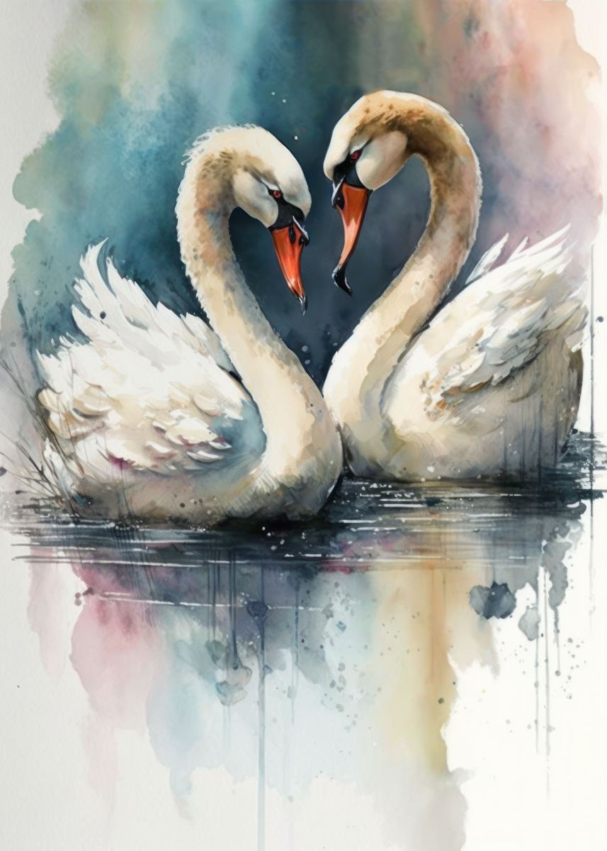 'Two Swans in Love' Poster, picture, metal print, paint by Usama Design ...