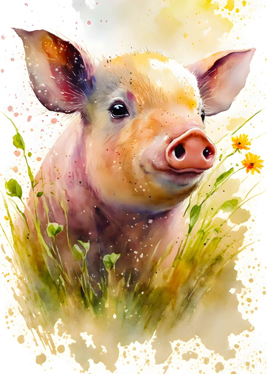 'Cute Piglet Farm Animal' Poster, picture, metal print, paint by ...