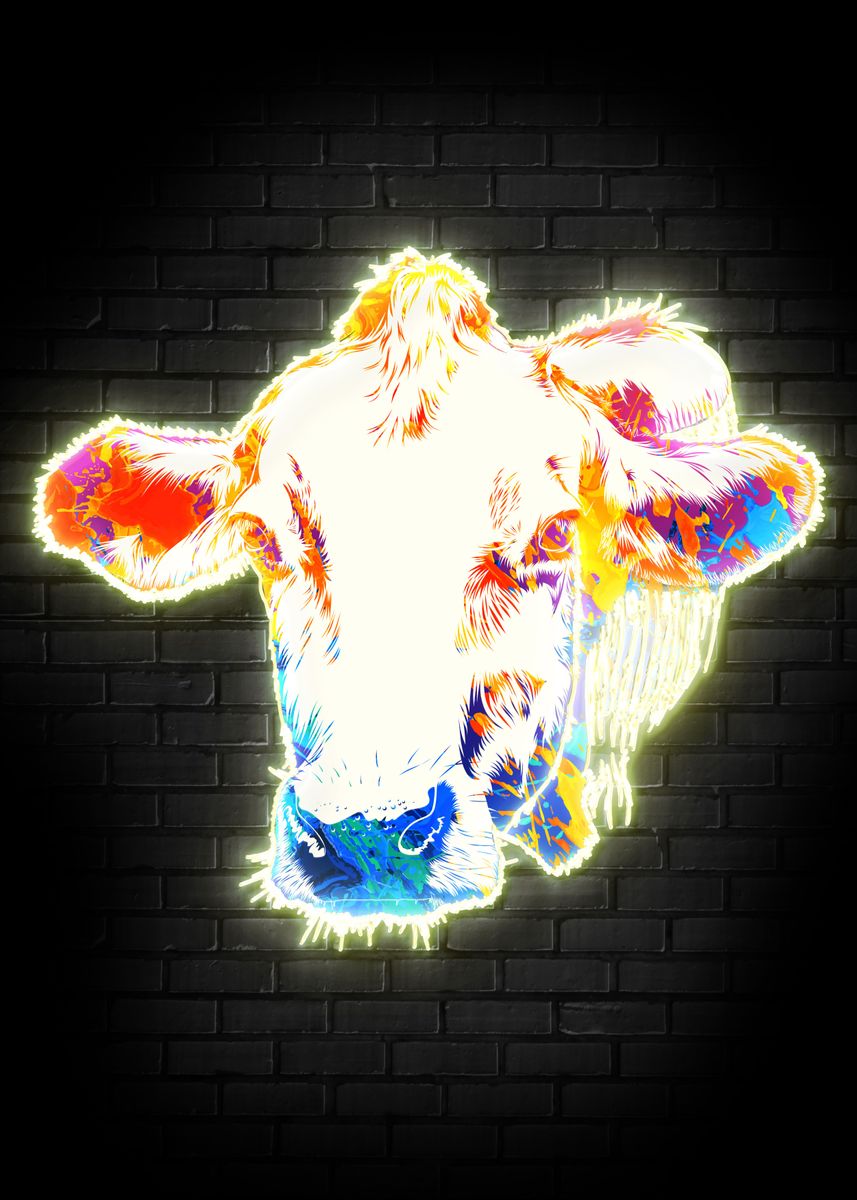'Cow Neon' Poster, picture, metal print, paint by Dalton Joyce | Displate