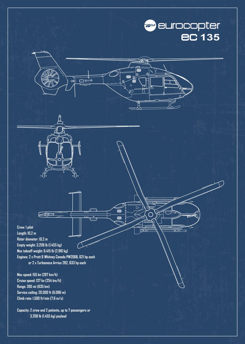 'Eurocopter EC135 blueprint' Poster, picture, metal print, paint by CHE ...