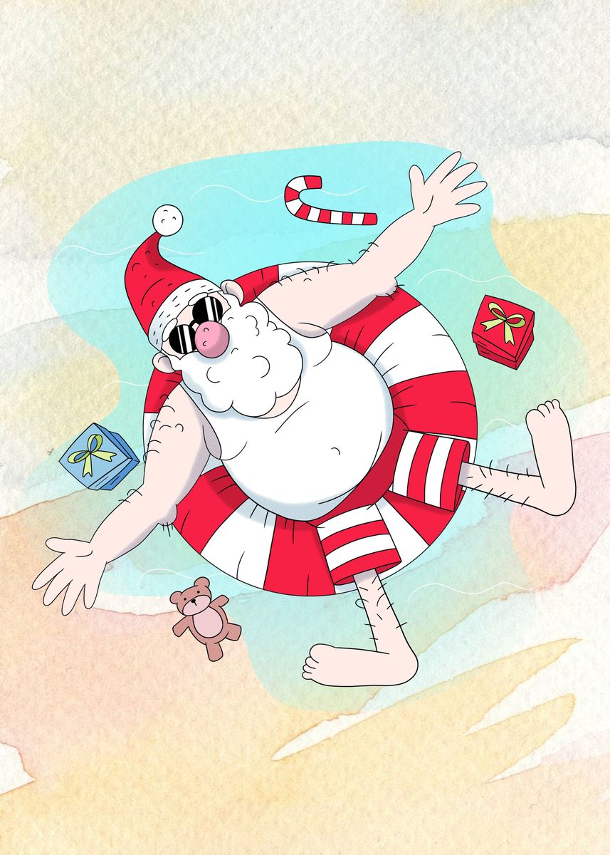 'Santa Pool' Poster, picture, metal print, paint by NIZAM KHAN | Displate