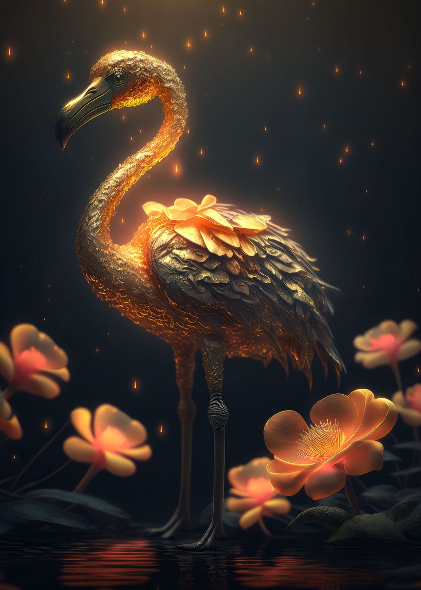'Golden Flamingo' Poster, picture, metal print, paint by Zenz | Displate