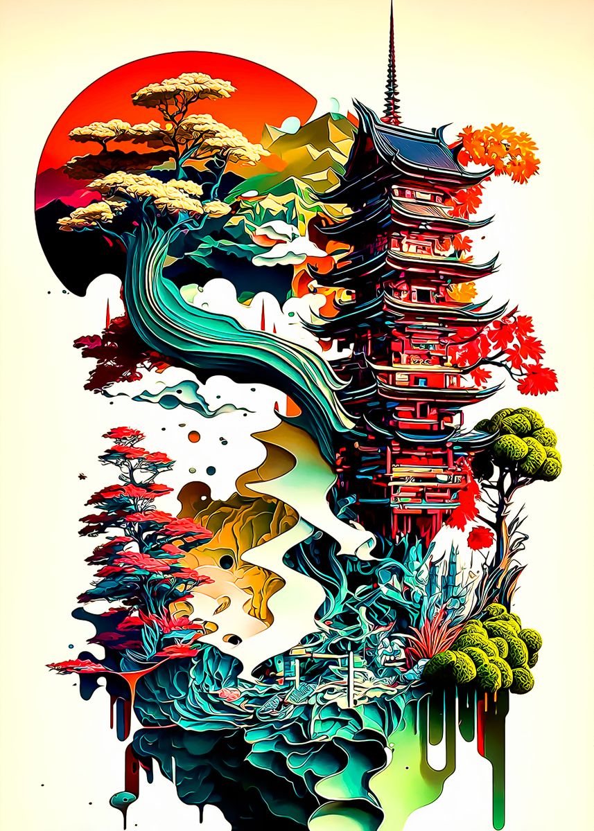 'Japan Temple Abstract' Poster, picture, metal print, paint by Artirs ...