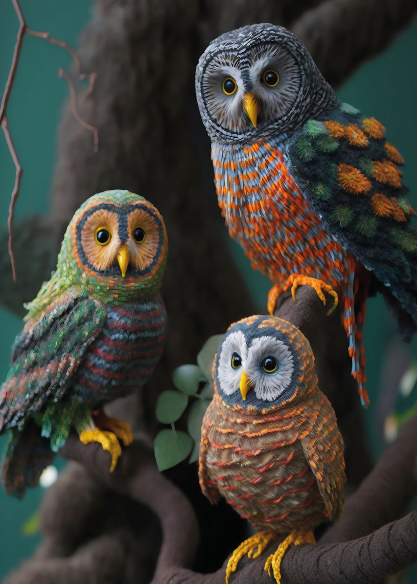 'Three owls' Poster, picture, metal print, paint by Nathan Ponty | Displate