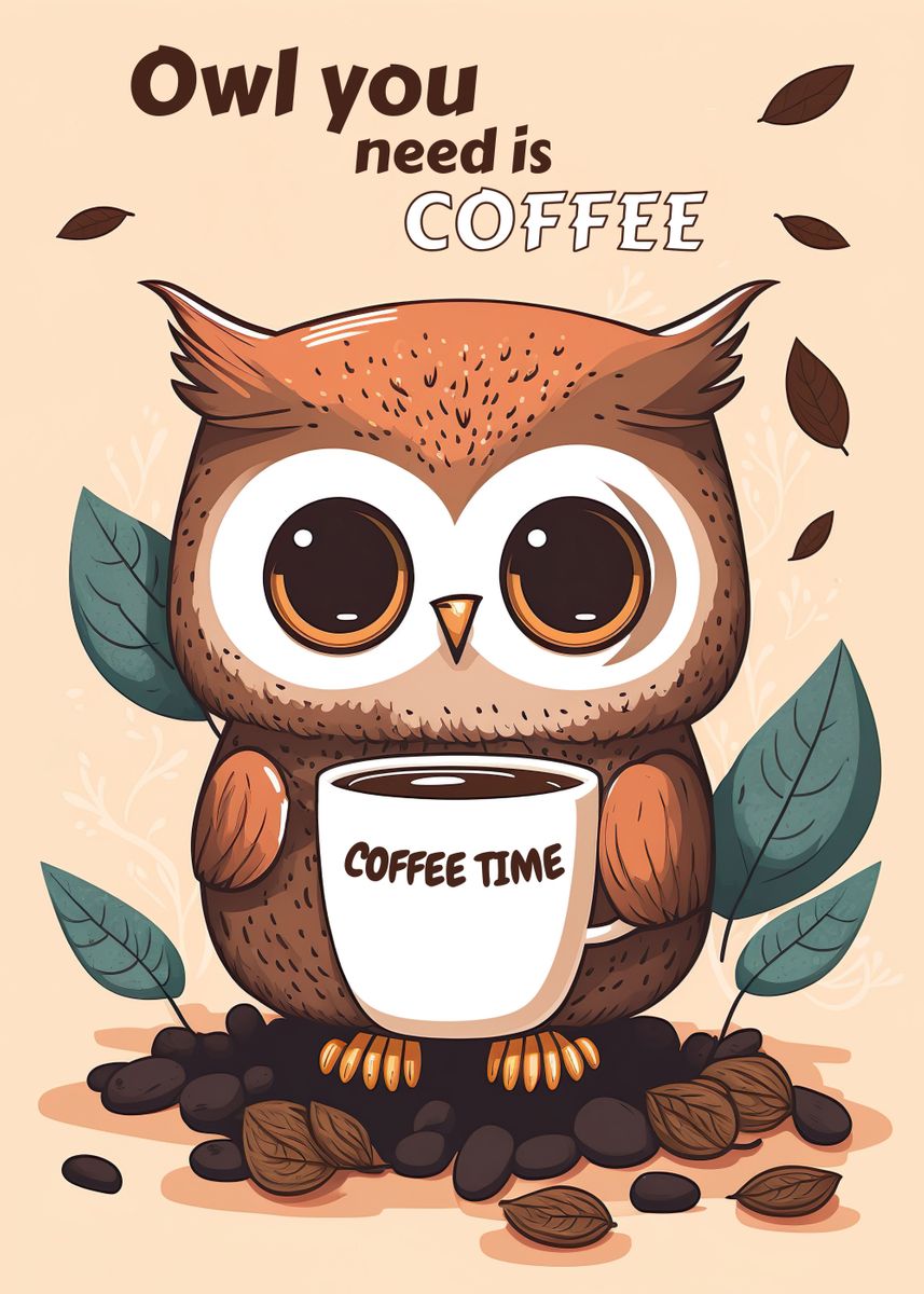 'Cute Owl with Coffee Mug' Poster, picture, metal print, paint by ...