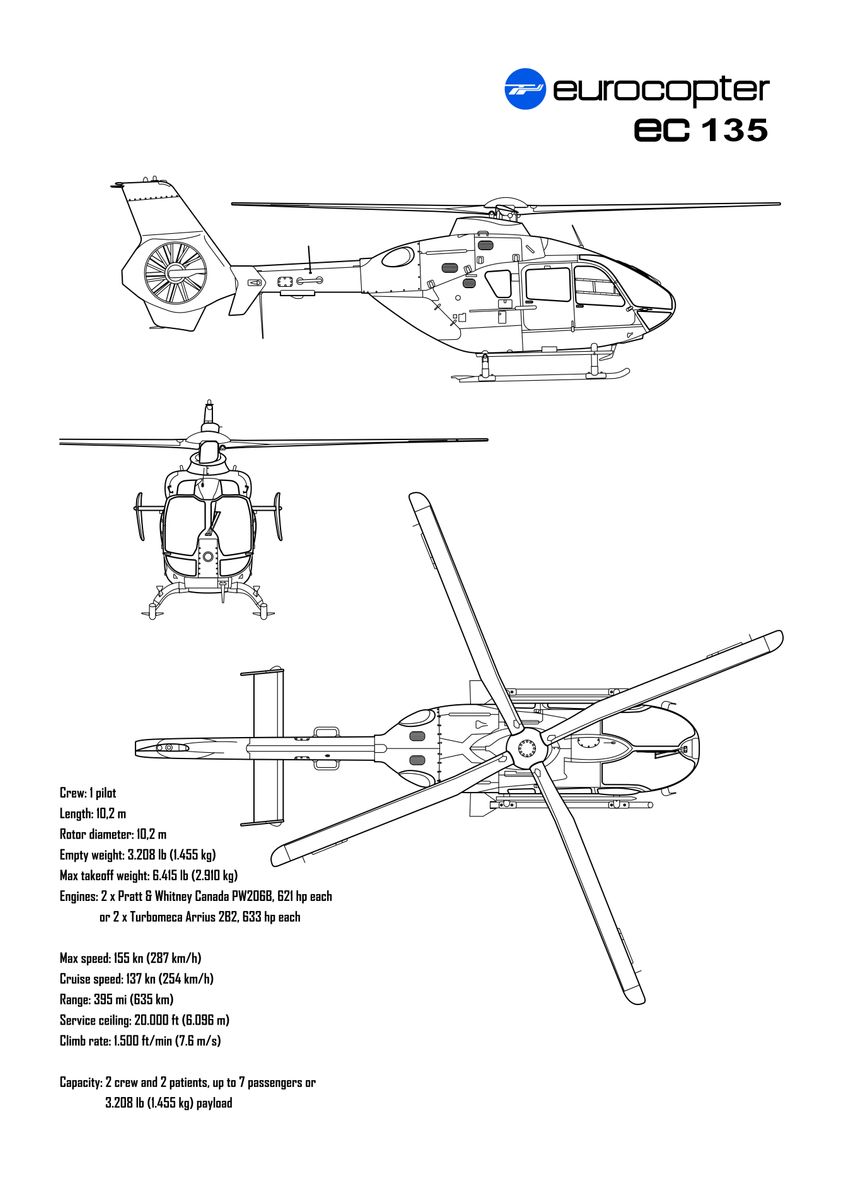 'Eurocopter EC135 blueprint' Poster, picture, metal print, paint by CHE ...