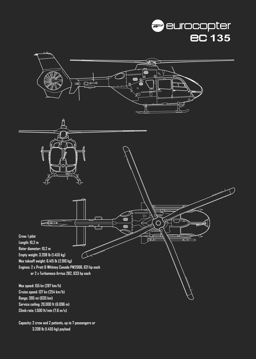 'Eurocopter EC135 blueprint' Poster, picture, metal print, paint by CHE ...