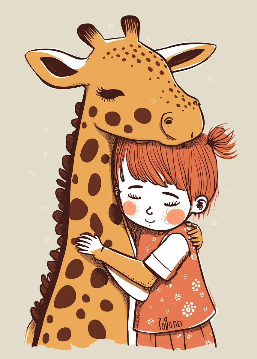 'Hug Giraffe and Girl Cute' Poster, picture, metal print, paint by ...