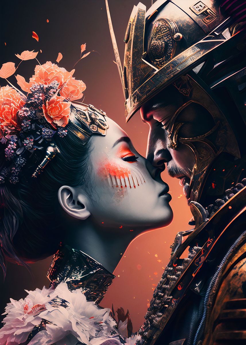'Geisha and Samurai kiss ' Poster, picture, metal print, paint by ...