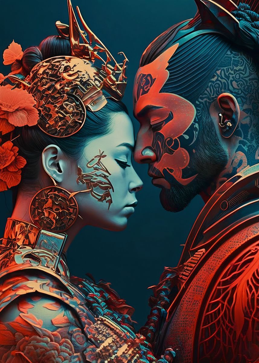 'Geisha and Samurai kiss ' Poster, picture, metal print, paint by ...