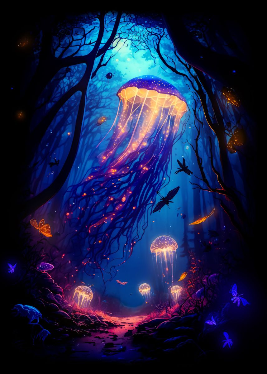 'Enchanted Jellyfish Forest' Poster, picture, metal print, paint by ...