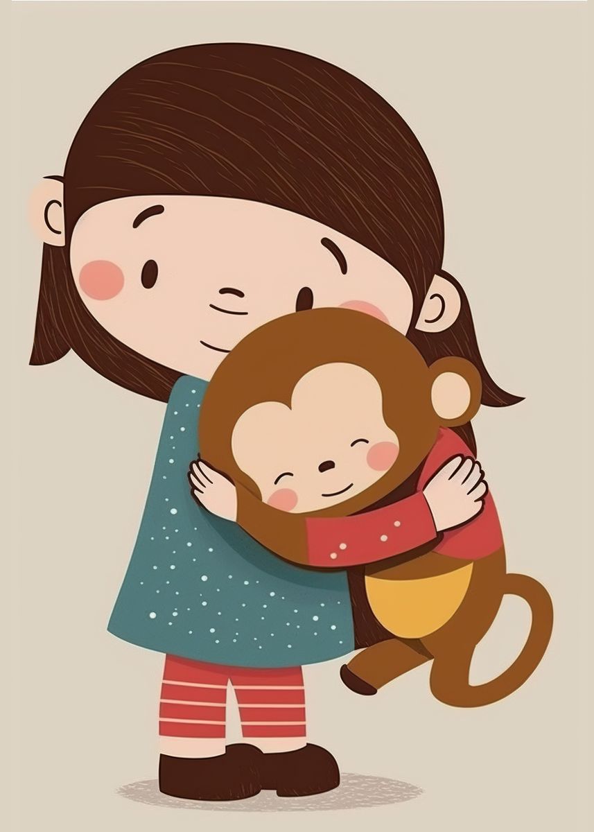 'Girl and Monkey Hug Cute' Poster, picture, metal print, paint by ...