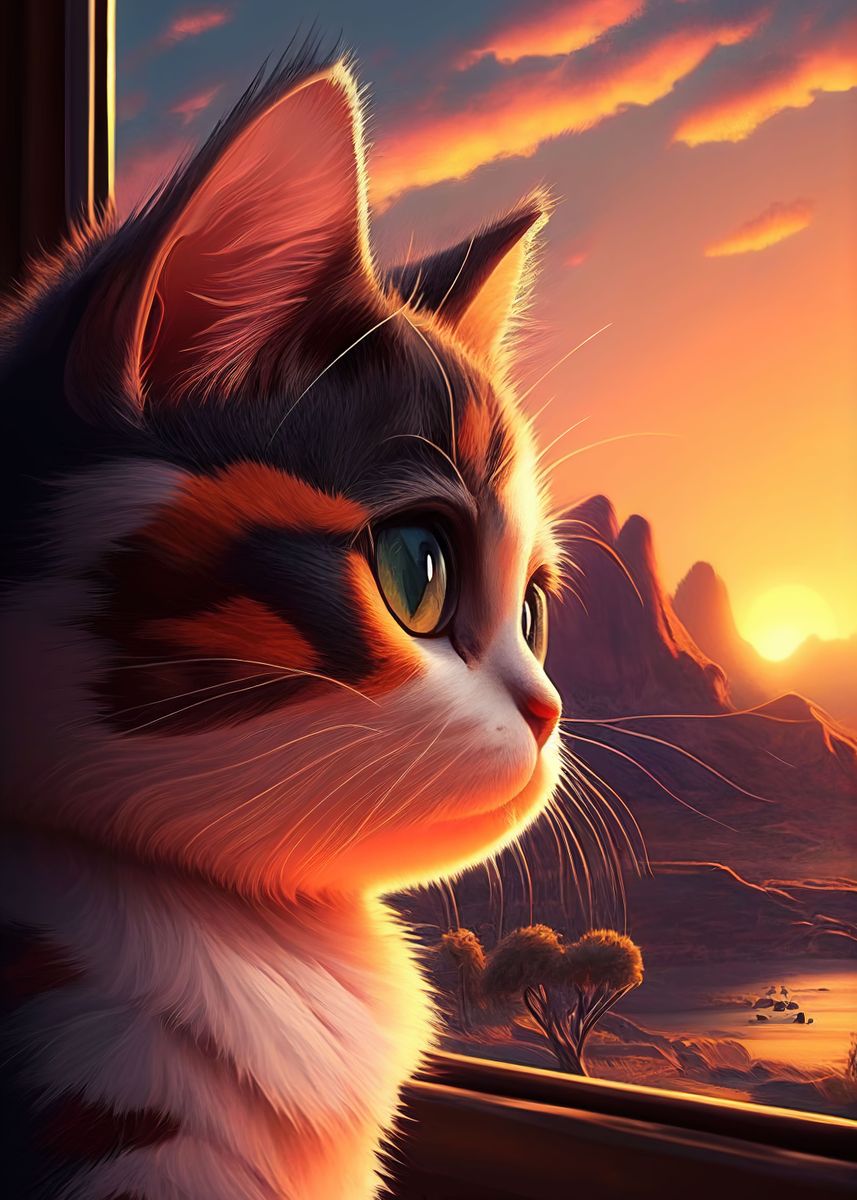 'Cute Cat Looking At Sunset' Poster, picture, metal print, paint by ...