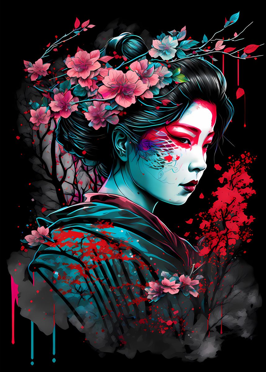 'Geisha Neon Cherry Blossom' Poster, picture, metal print, paint by Jay ...