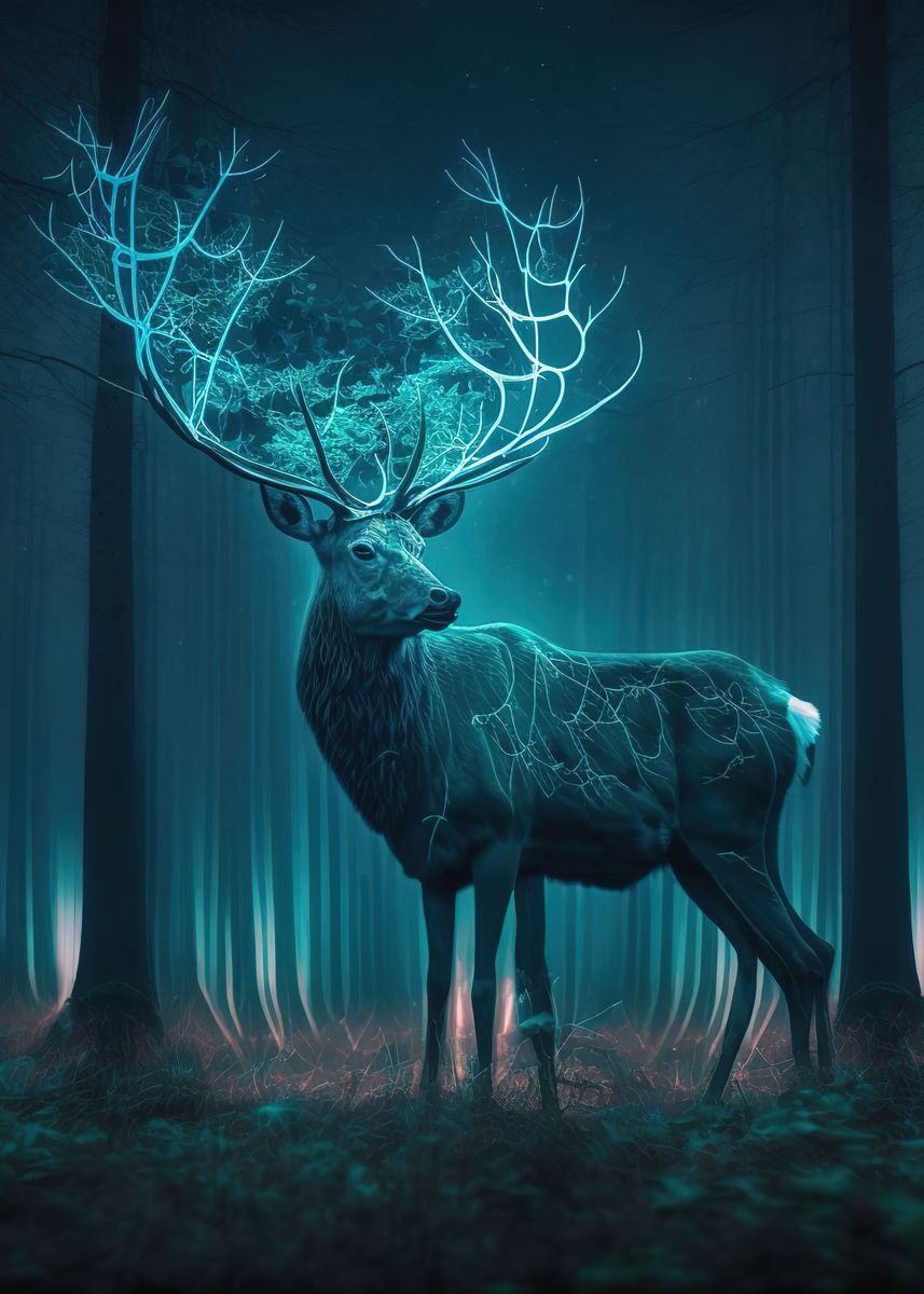 'Blue Deer Glowing' Poster, picture, metal print, paint by Anime Manga ...