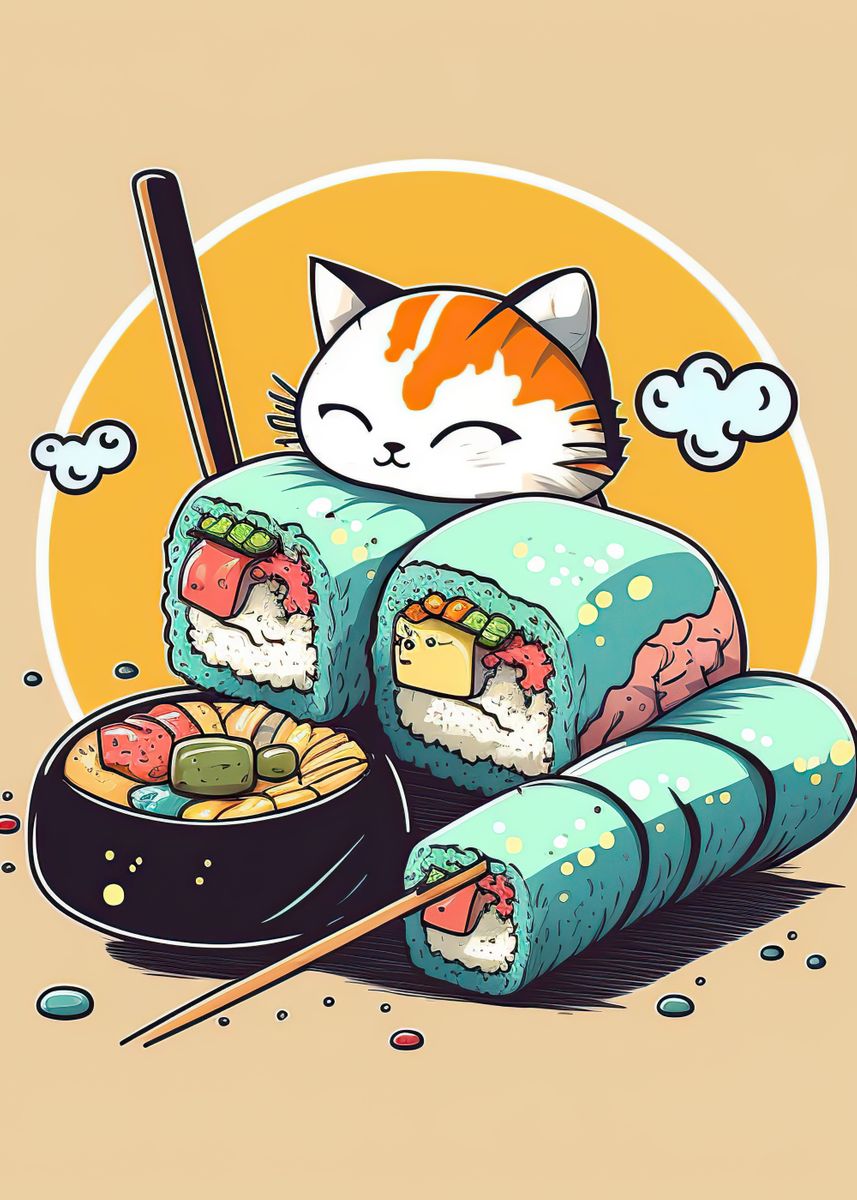 'sushi cat chef japan' Poster, picture, metal print, paint by Jordan ...