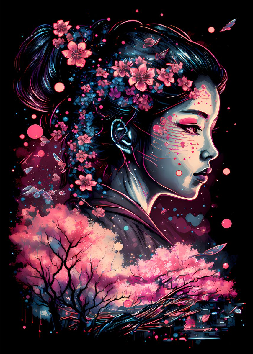 'Geisha Neon Cherry Blossom' Poster, picture, metal print, paint by Jay ...