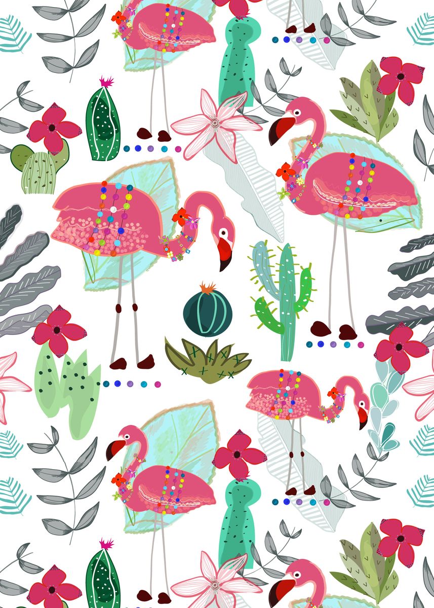 'Flamingo and cactus ' Poster, picture, metal print, paint by Gulsen ...