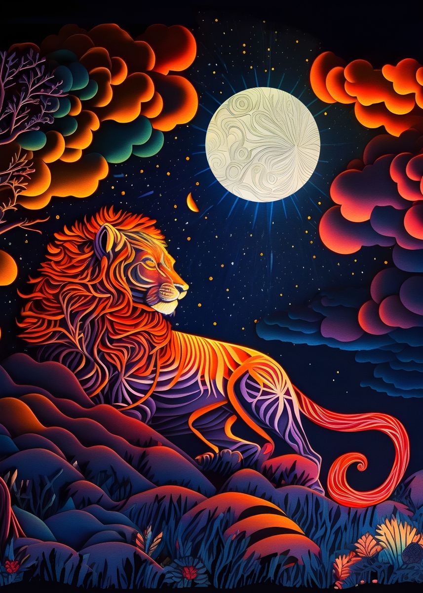 'lion moon neon night' Poster, picture, metal print, paint by Muhammad ...