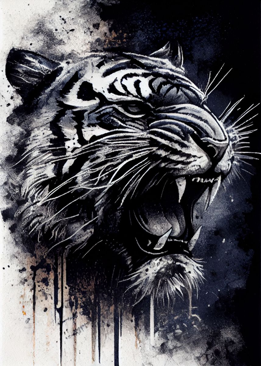 'Hissing Tiger Ink Wash' Poster, picture, metal print, paint by ...