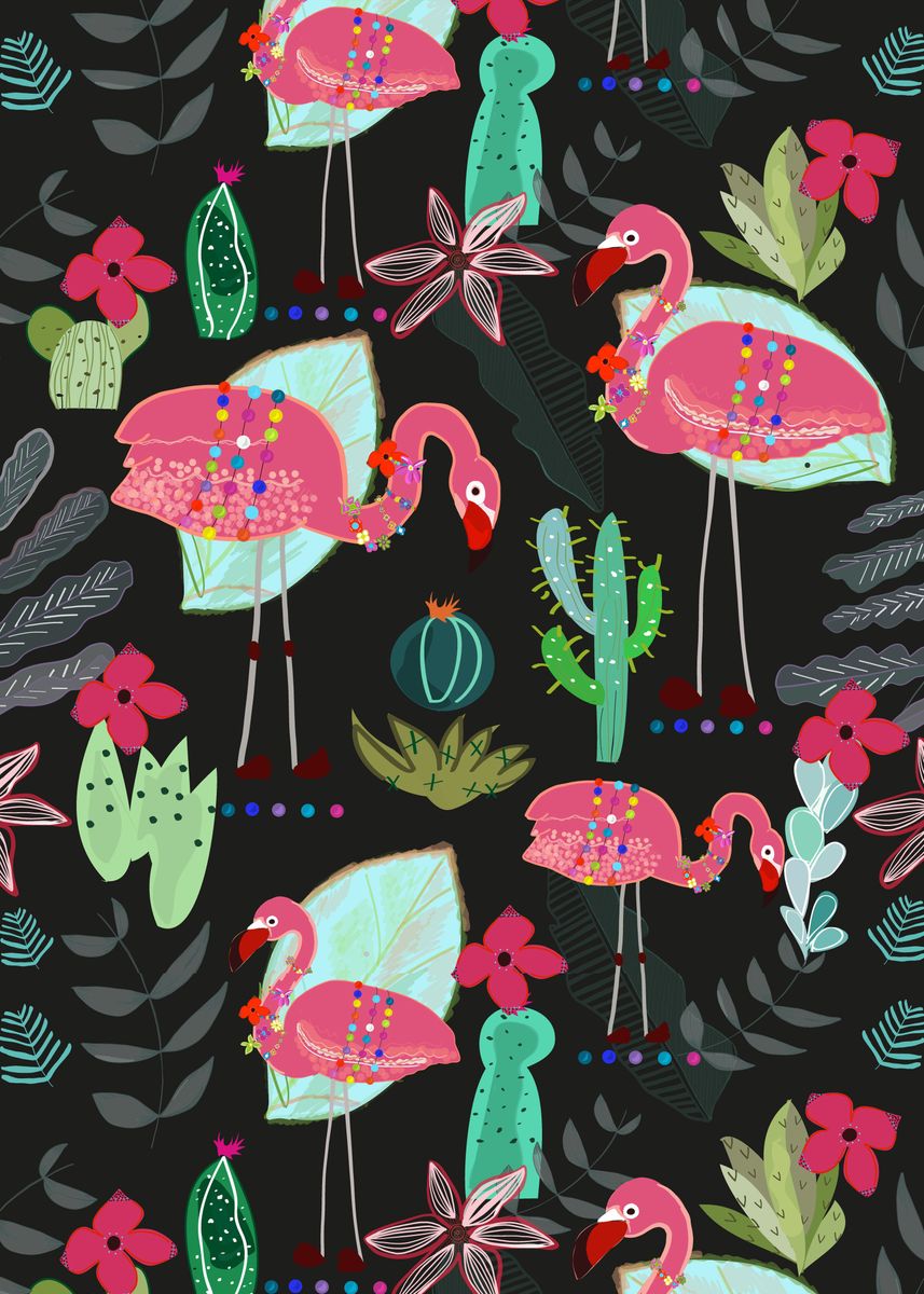 'Flamingo and cactus ' Poster, picture, metal print, paint by Gulsen ...