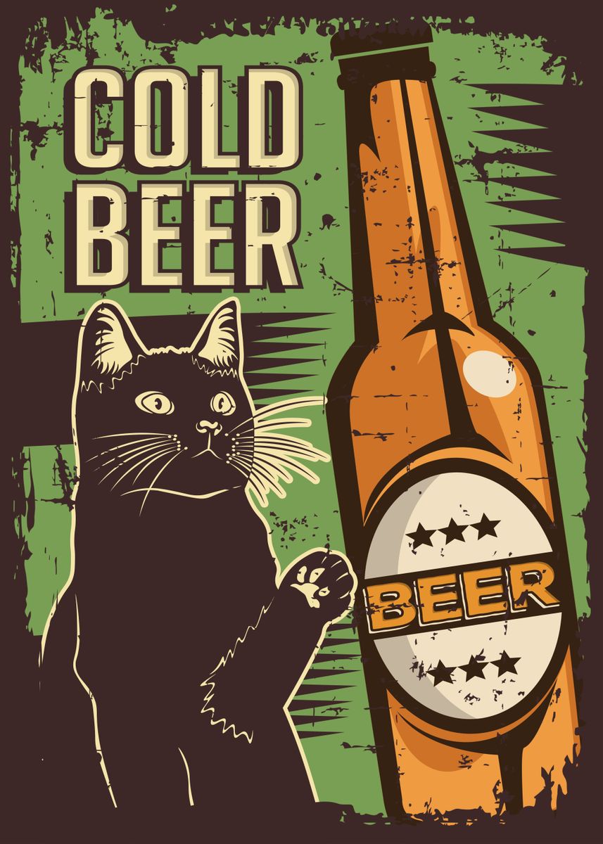 'Cat cold beer' Poster, picture, metal print, paint by XandYart | Displate