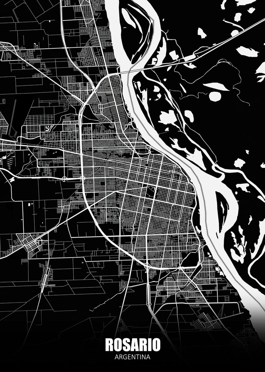 'Rosario Argentina Dark Map' Poster, picture, metal print, paint by ...