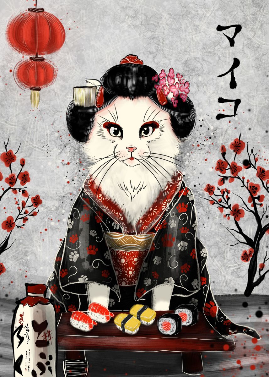 'Maiko Neko Geisha Cat' Poster, picture, metal print, paint by GuacamayArt | Displate