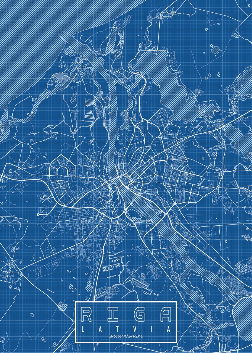 'Riga City Map Blueprint' Poster, picture, metal print, paint by deMAP ...