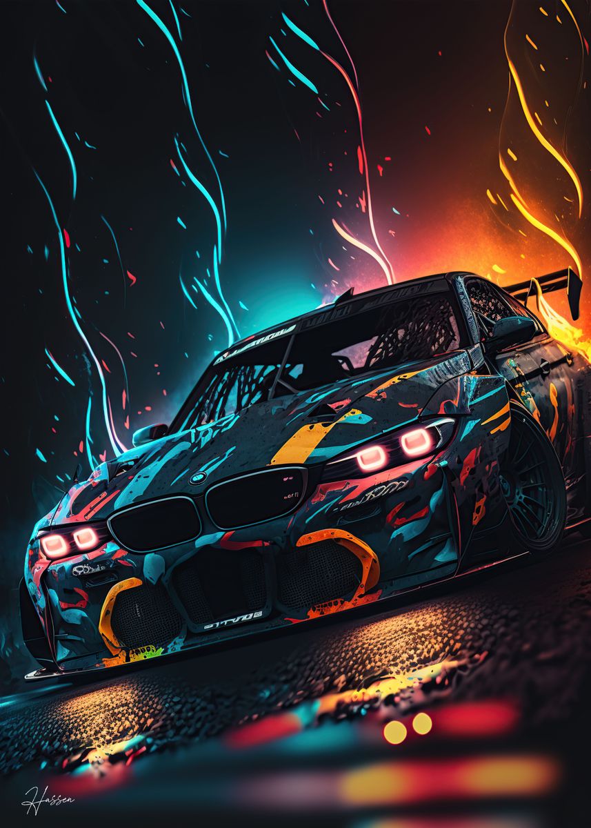 'Sport Neon Car gold night' Poster, picture, metal print, paint by ...