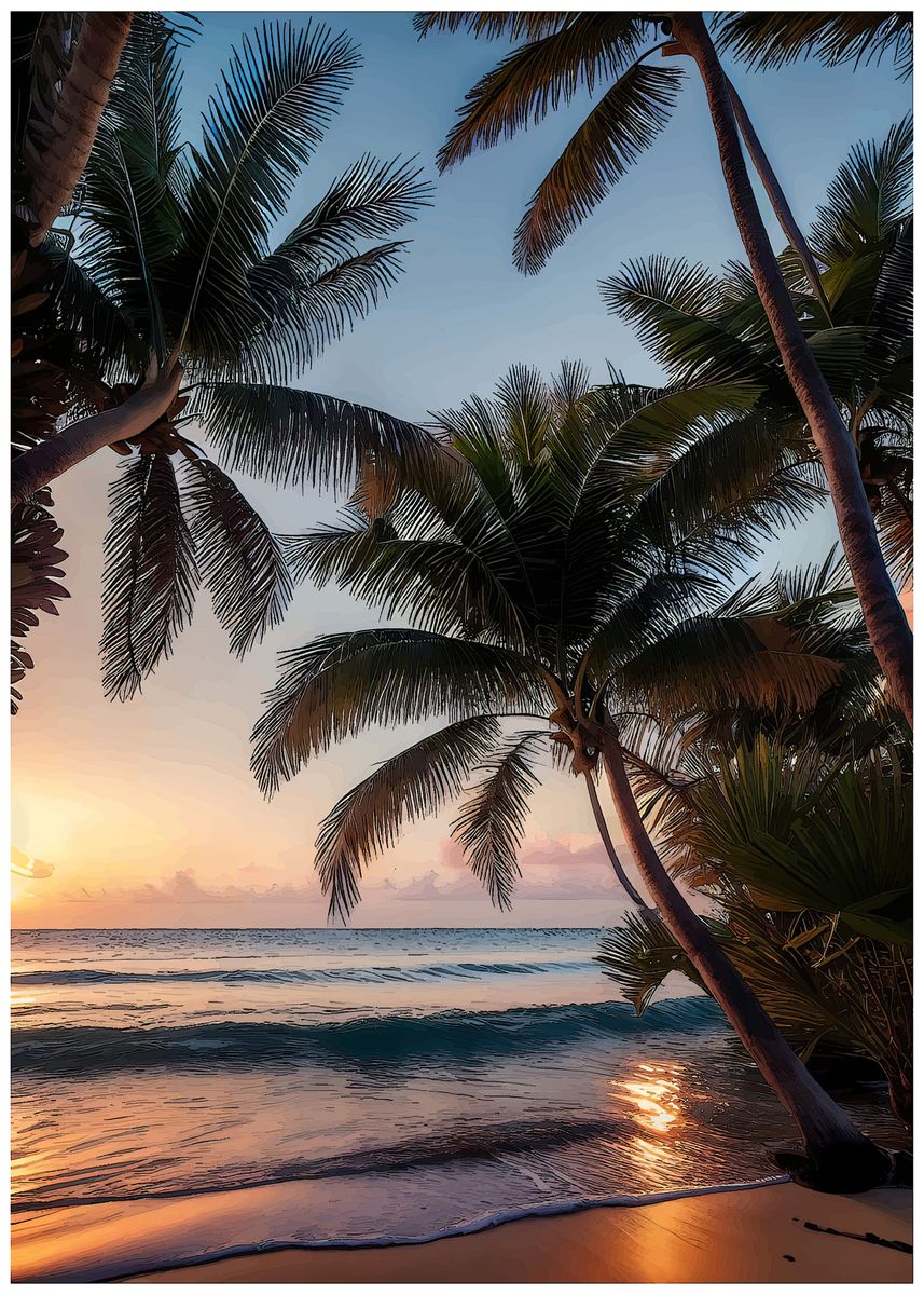 'Sunset on beach' Poster, picture, metal print, paint by Nikola ...