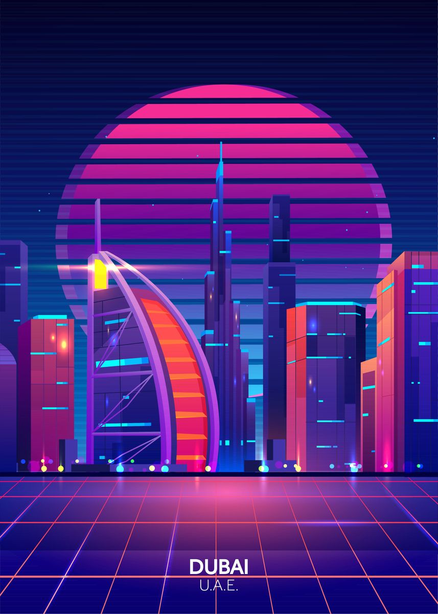 'Dubai Synthwave Cityscape' Poster, picture, metal print, paint by EDM Project | Displate