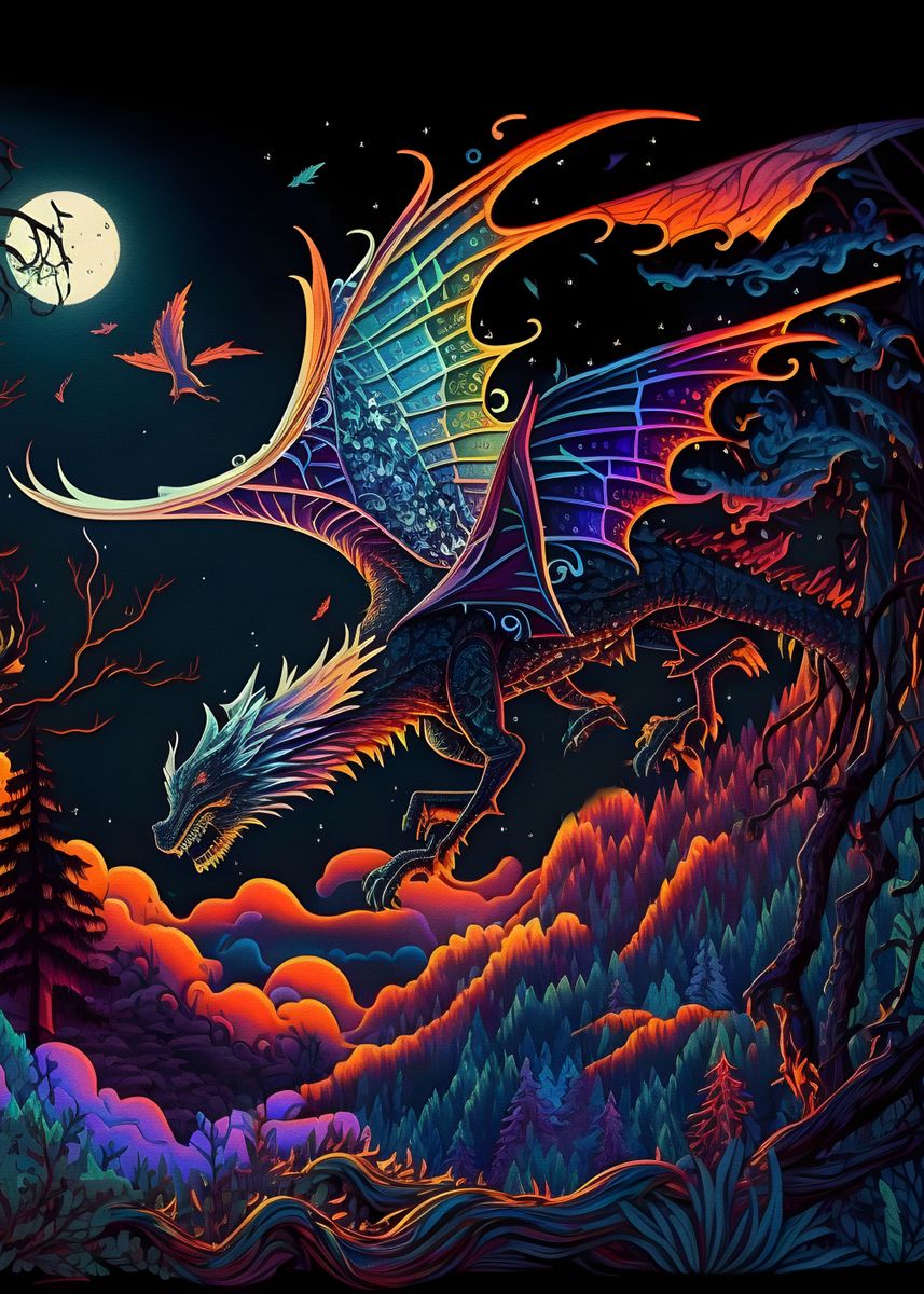 'flying dragon neon' Poster, picture, metal print, paint by Muhammad ...