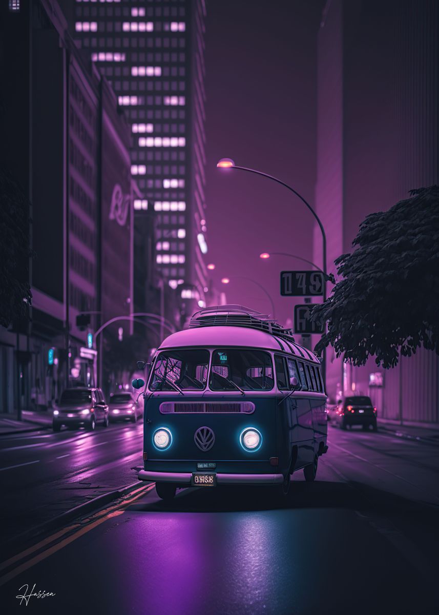 'VW MICROBUS GOLD at night' Poster, picture, metal print, paint by ...