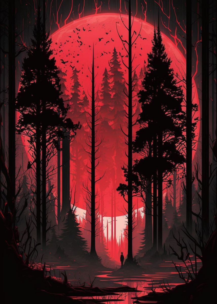 'Red full moon scenery' Poster, picture, metal print, paint by Ionut ...