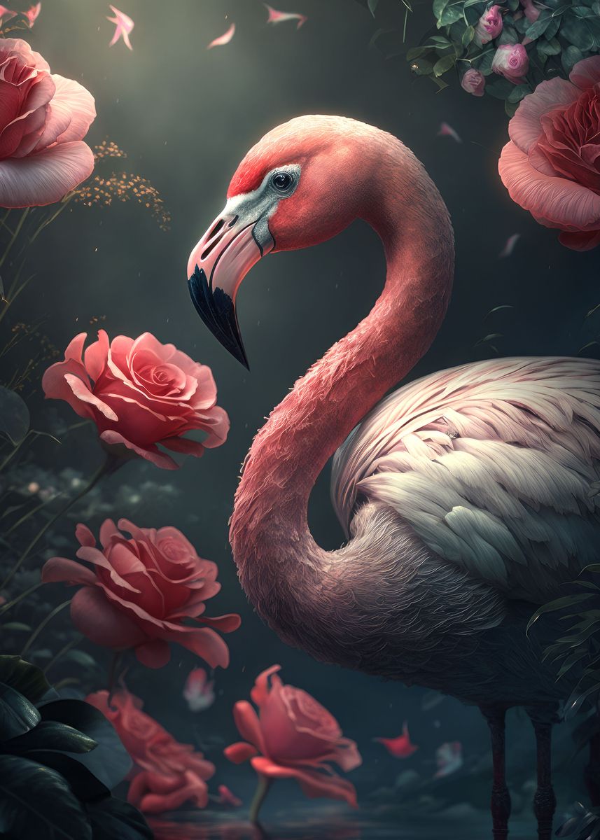 'Flamingo Floral Roses' Poster, picture, metal print, paint by Zenz ...