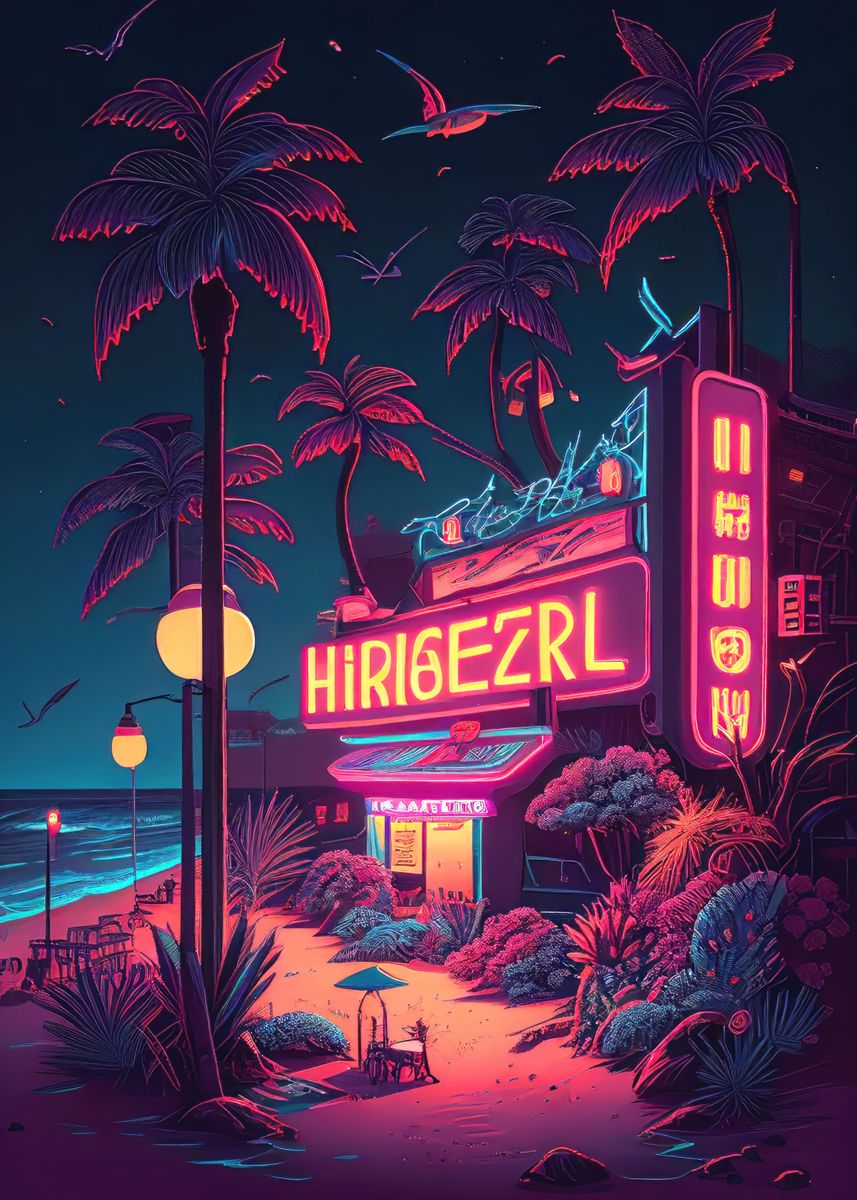 'Neon Fantasy Beach Grill' Poster, picture, metal print, paint by Beach ...